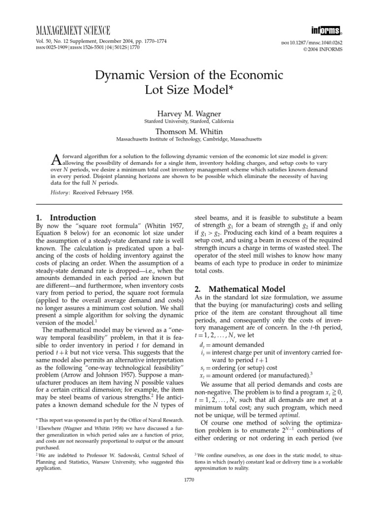 Wagner Whitin Algorithm | PDF