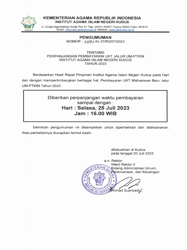 60062-135-Pengumuman Perpanjangan Pembayaran UKT Jalur UMPTKIN 2023 | PDF 60062-135-Pengumuman Perpanjangan Pembayaran UKT Jalur UMPTKIN 2023 | PDF