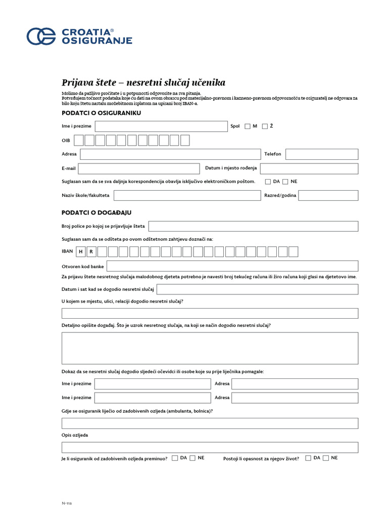 Obrazac Prijave Štete Za Nesretni Slučaj | PDF