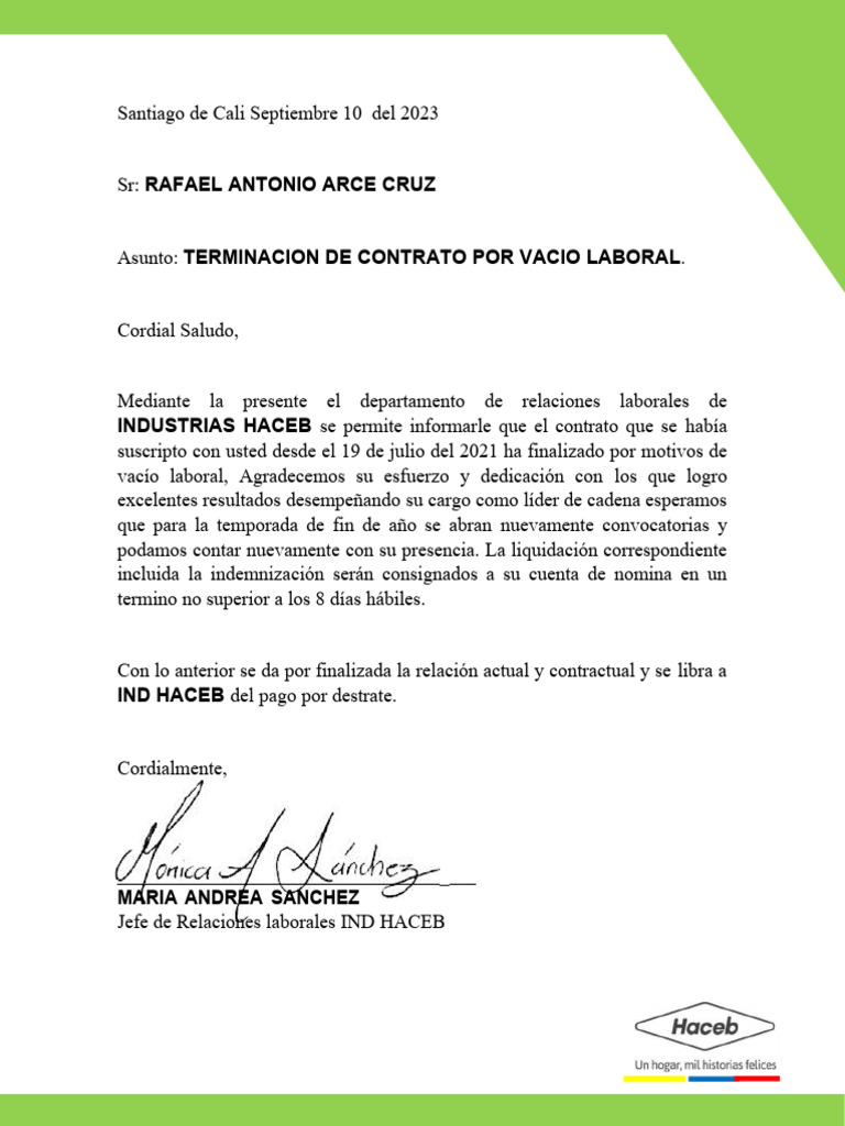 Carta Terminacion de Contrato | PDF