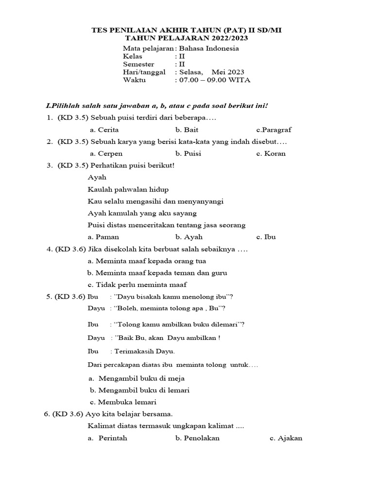 SOAL PAT Bahasa Indonesia KLS II 2023 | PDF