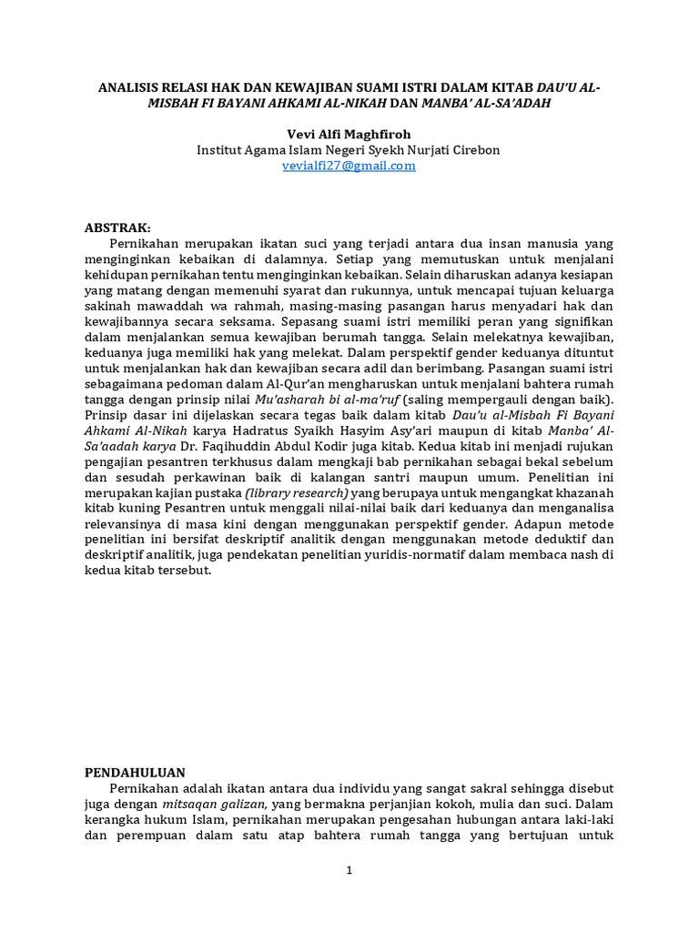Analisis Relasi Hak Dan Kewajiban Suami Istri Dalam Kitab Dau'u Al-Misbah Fi Bayani Ahkami Al ...