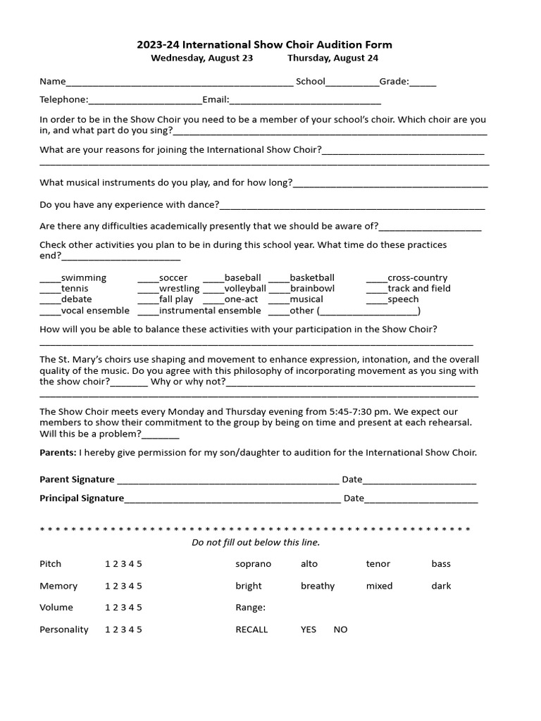 International Show Choir Audition Form 2023-24 | PDF