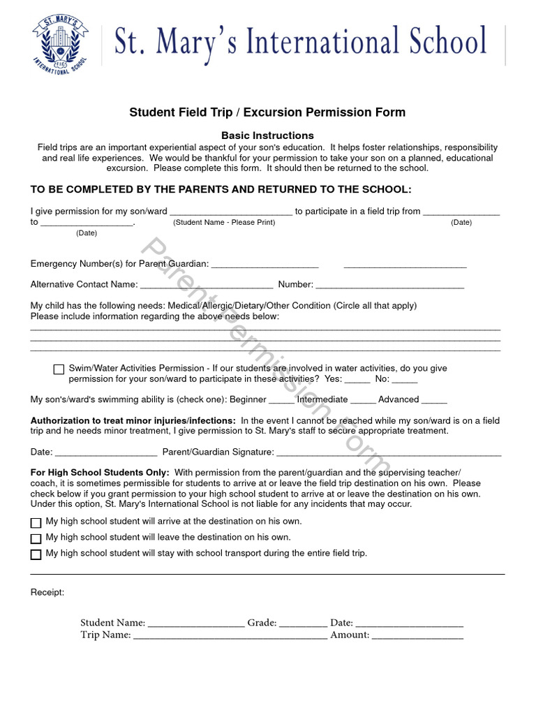 Field Trip Parent Permission Form | Download Free PDF | Childhood | Clinical Medicine