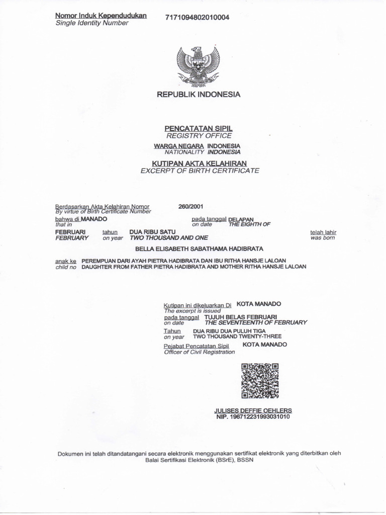 Akte Kelahiran Bella Barcode | PDF