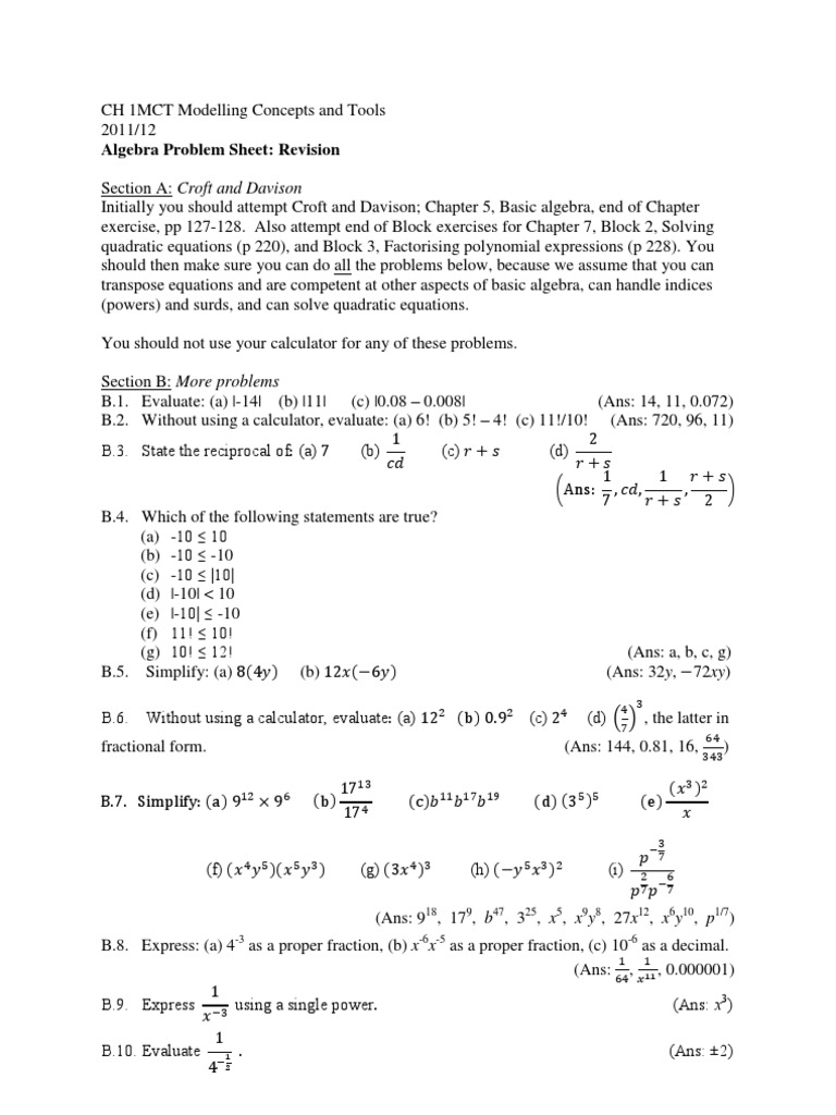 Algebra Problem Sheet: Revision | PDF | Factorization | Quadratic Equation
