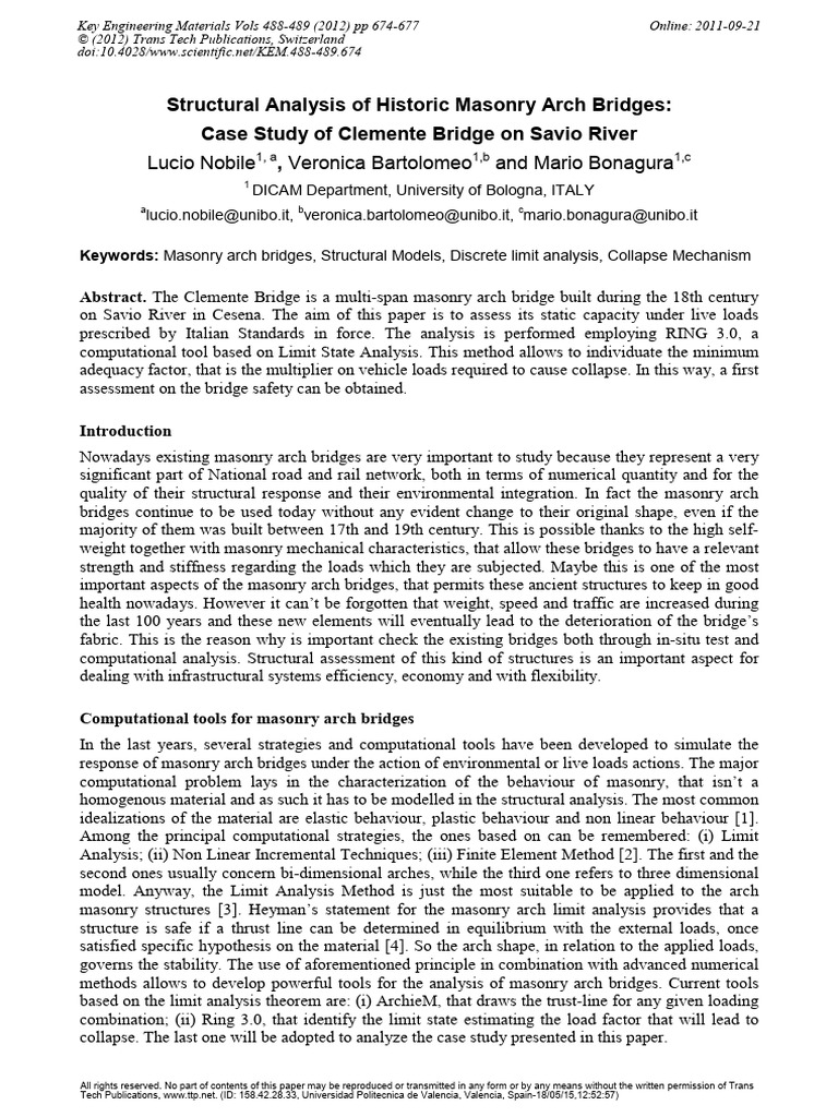 2011 Structural Analysis of Historic Masonry Arch Bridges - Case Study of Clemente Bridge On ...