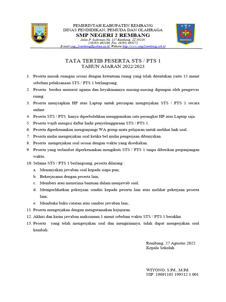 Tata Tertib Peserta & Pengawas STS-PTS 1 | PDF