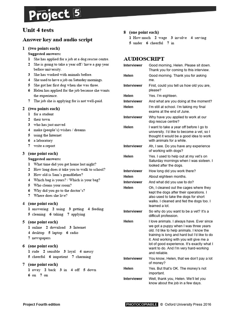 Unit 4 Answer Key and Audio Script | PDF