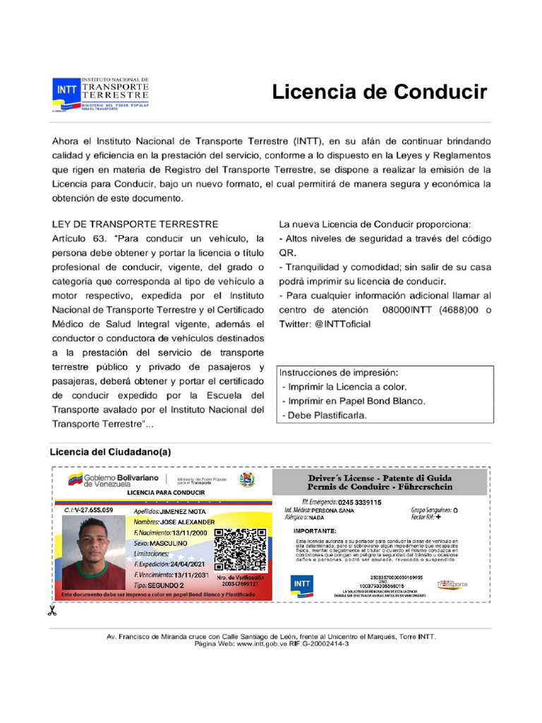 Certificado de Registro de Licencia INTT | PDF
