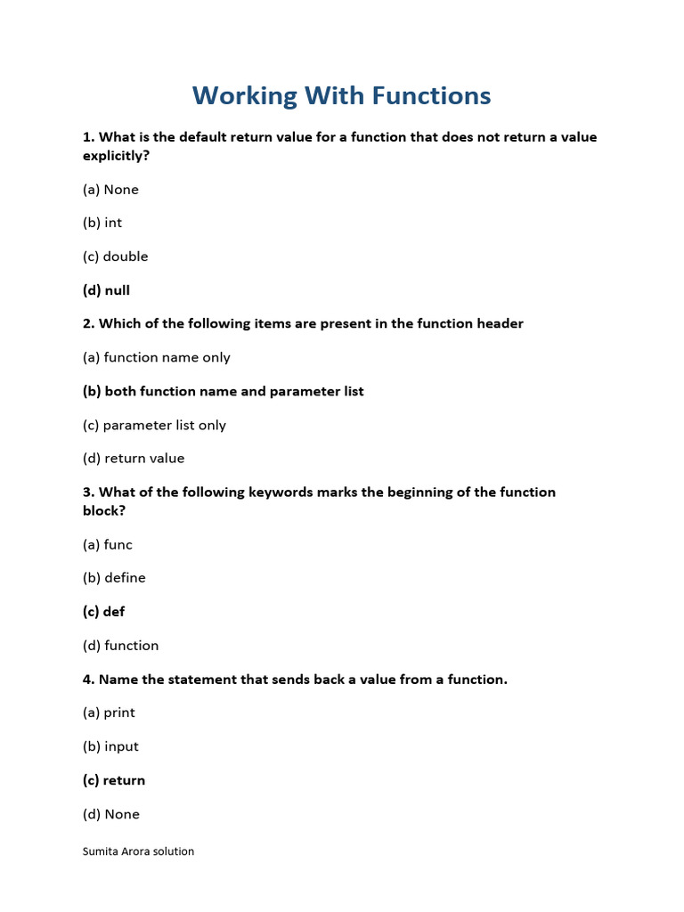 Working With Functions Sumita Arora MCQ | PDF | Parameter (Computer Programming) | Scope ...