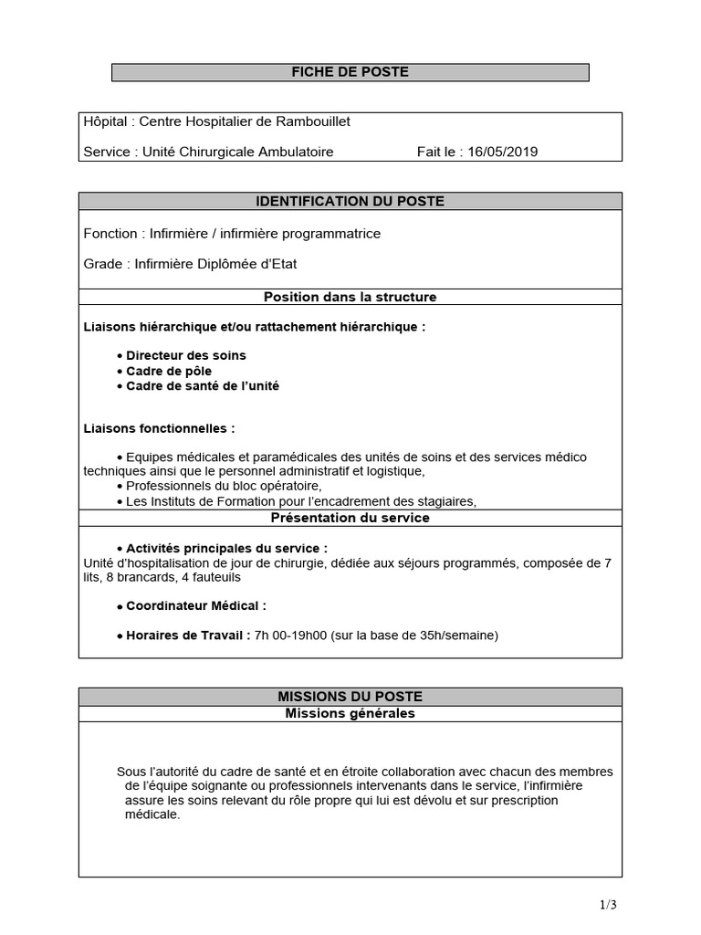 Fiche de Poste Infirmière Ambulatoire 22020082815551945 | PDF