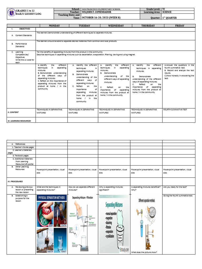DLL Science 6 Q1 W8 | PDF | Filtration | Mixture