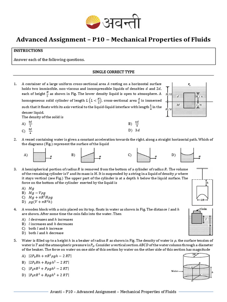 Fluid Mechanics: Advanced Problems | PDF | Liquids | Density