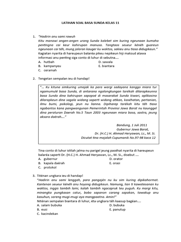 Latihan Soal Basa Sunda Kelas 11-2023 | PDF