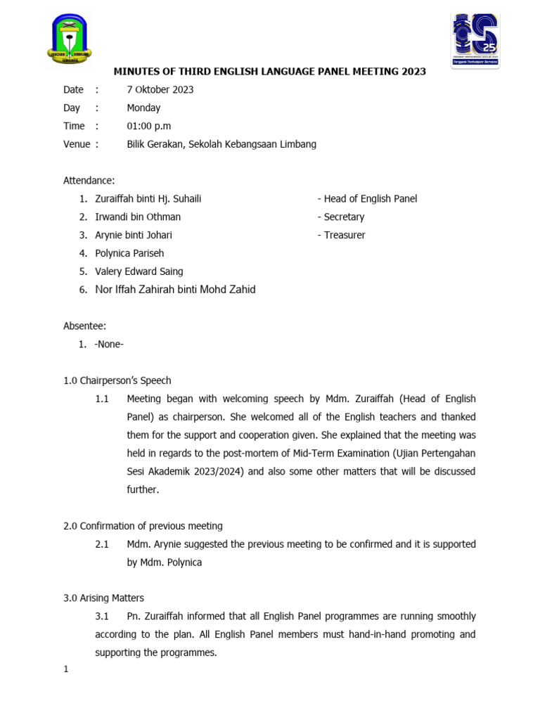Minutes of Third English Language Panel Meeting 2023 | PDF