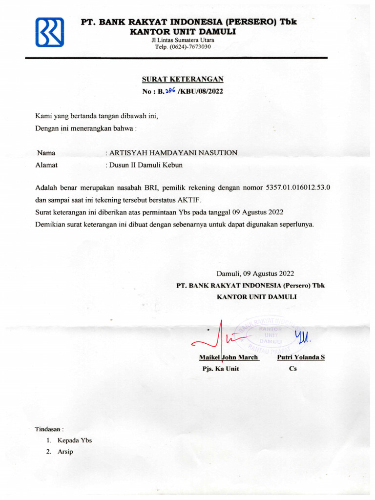 Surat Keterangan Bri Aktif Artisyah | PDF