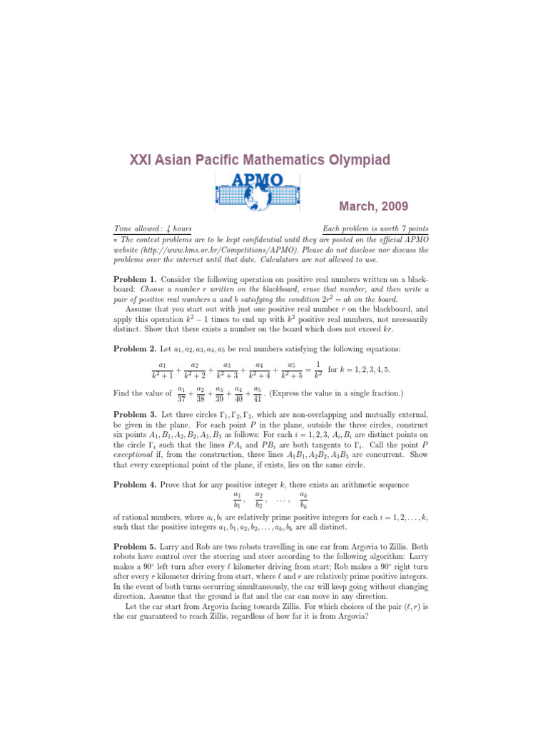 XXI - Asian - Pacific - Mathematics - Olympiad | PDF