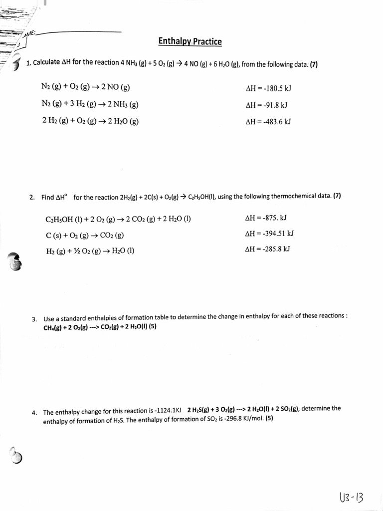 Enthalpy Practice | PDF | Enthalpy | Thermodynamic Properties