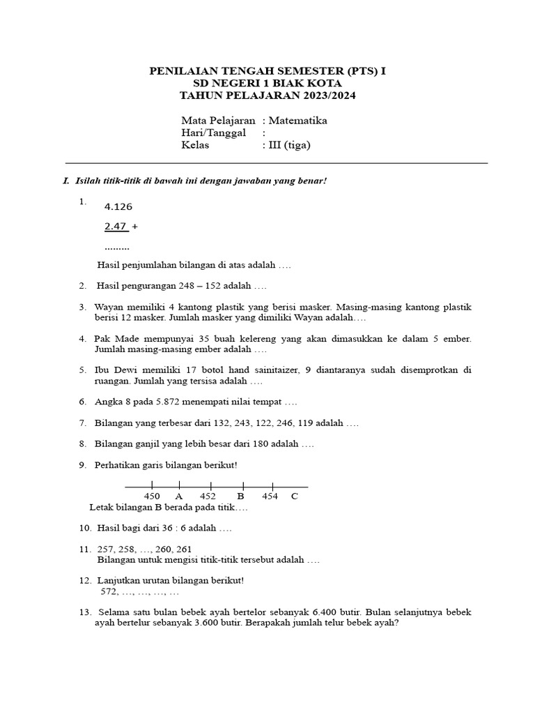 Soal Pts MTK Kelas 3 | PDF