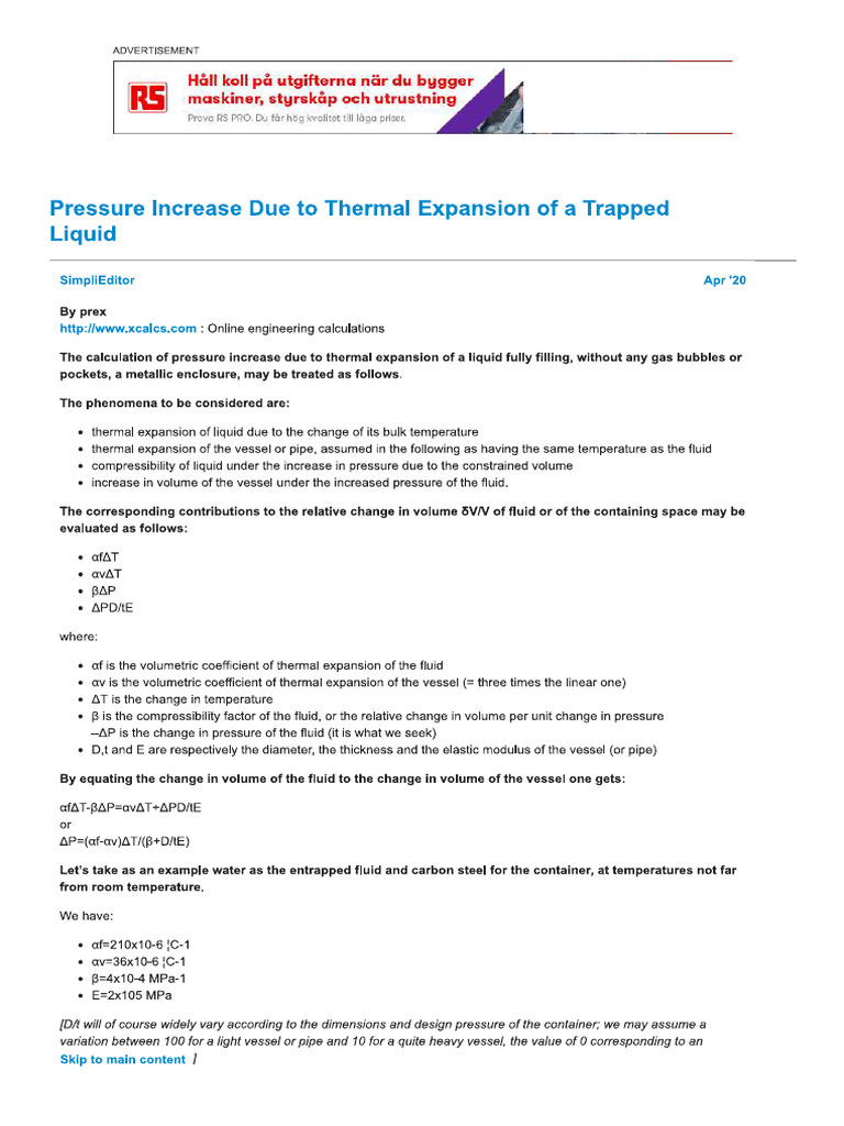 Pressure Increase Due To Thermal Expansion of A Trapped Liquid | PDF