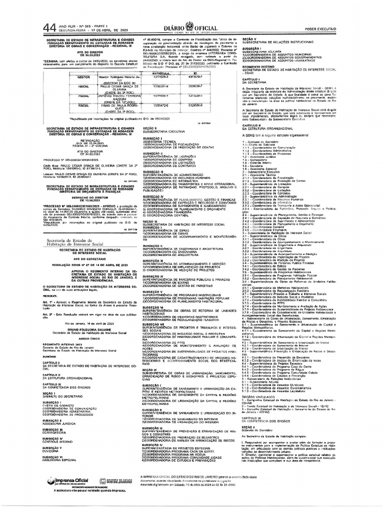 Regimento Interno Da SEHIS (DOERJ Nº 069, de 17 ABR 2023 | PDF