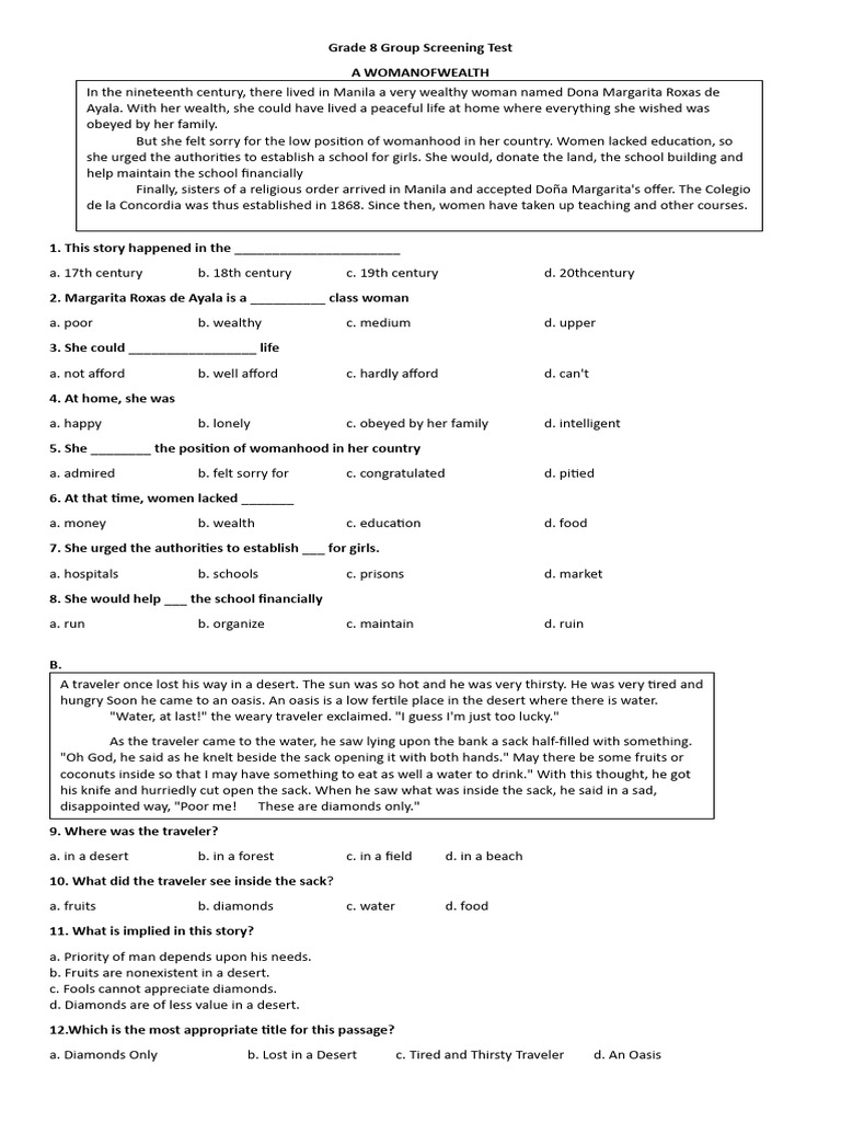Grade 8 Group Screening Test Guide | PDF