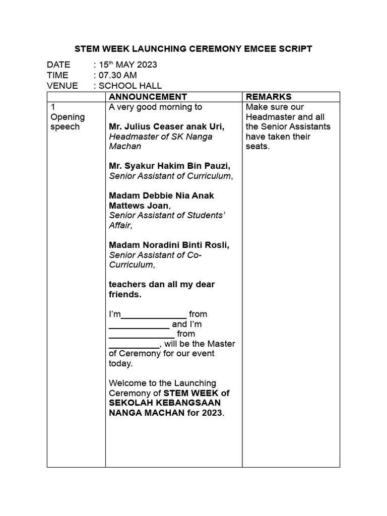 Stem Week Lauching Ceremony Emcee Script | PDF