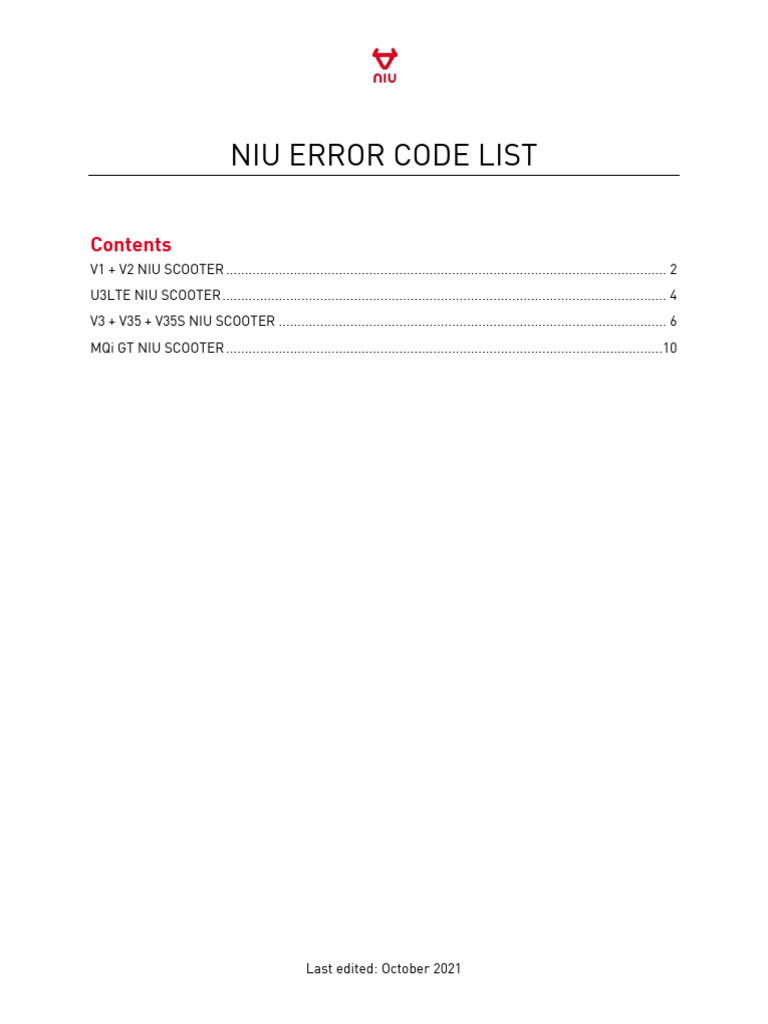 Niu Error Code List 072022 | PDF
