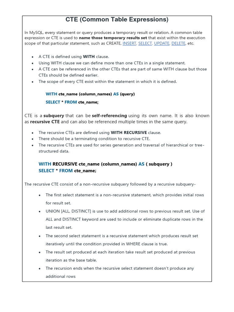CTE (Common Table Expressions) | PDF | Computer Science | Sql