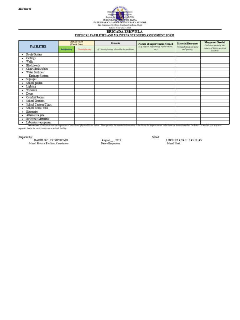 Brigada Eskwela Facilities Assessment Form | PDF