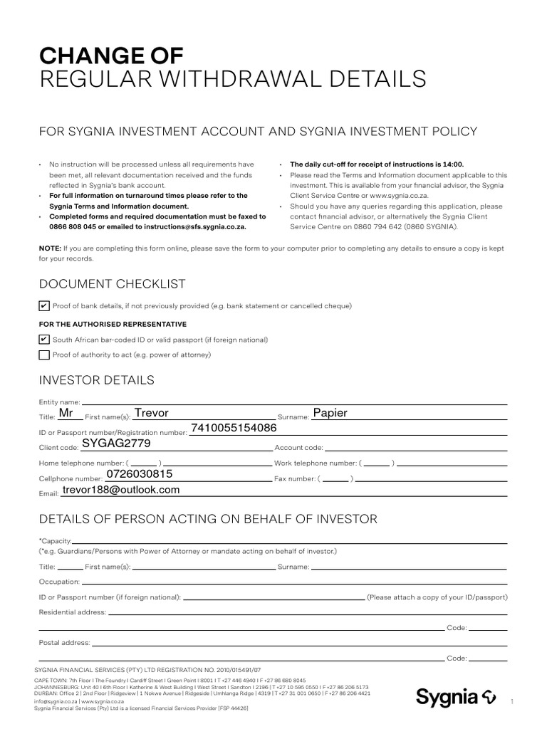 Sygnia Regular Withdrawal Form | PDF