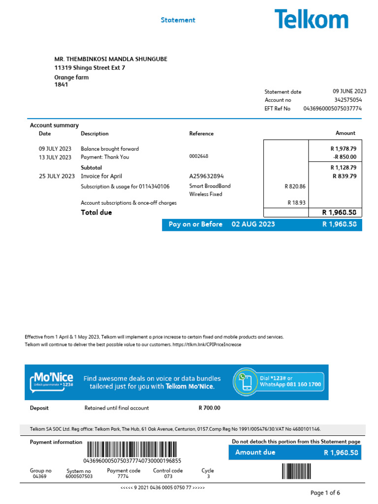 Telkom Invoice 342575054 111111111111111111 | PDF