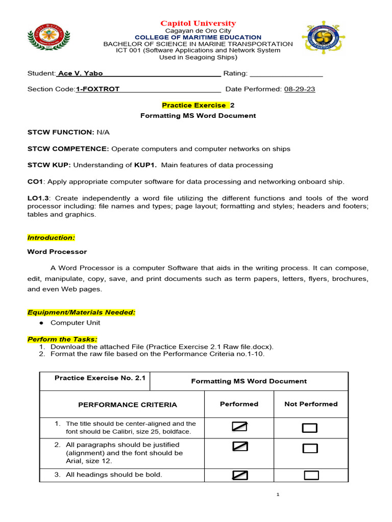 MS Word Formatting Practice Exercise | PDF