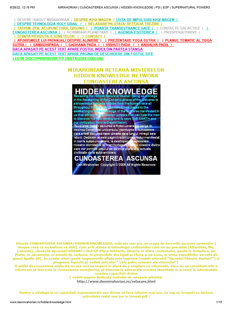 Mirahorian - Cunoasterea Ascunsa - Hidden Knowledge - Psi - Esp - Supernatural Powers | PDF