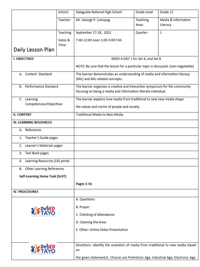 DLP-MIL-Q1-W4-Day 1 Explain How Media From Traditional To New New Media Shape The Values and ...