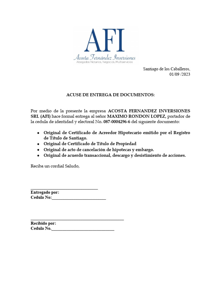 Acuse de Entrega de Documentos Legales | PDF | Negocios | Derecho