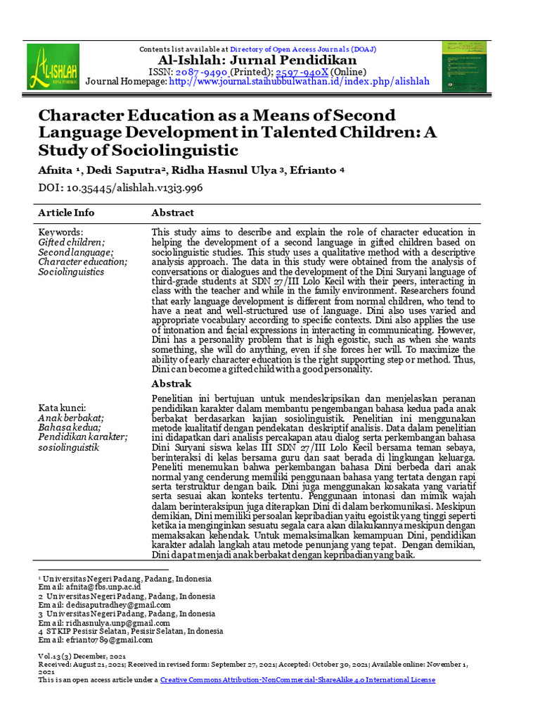 Character Education As A Means of Second Language Development in ...