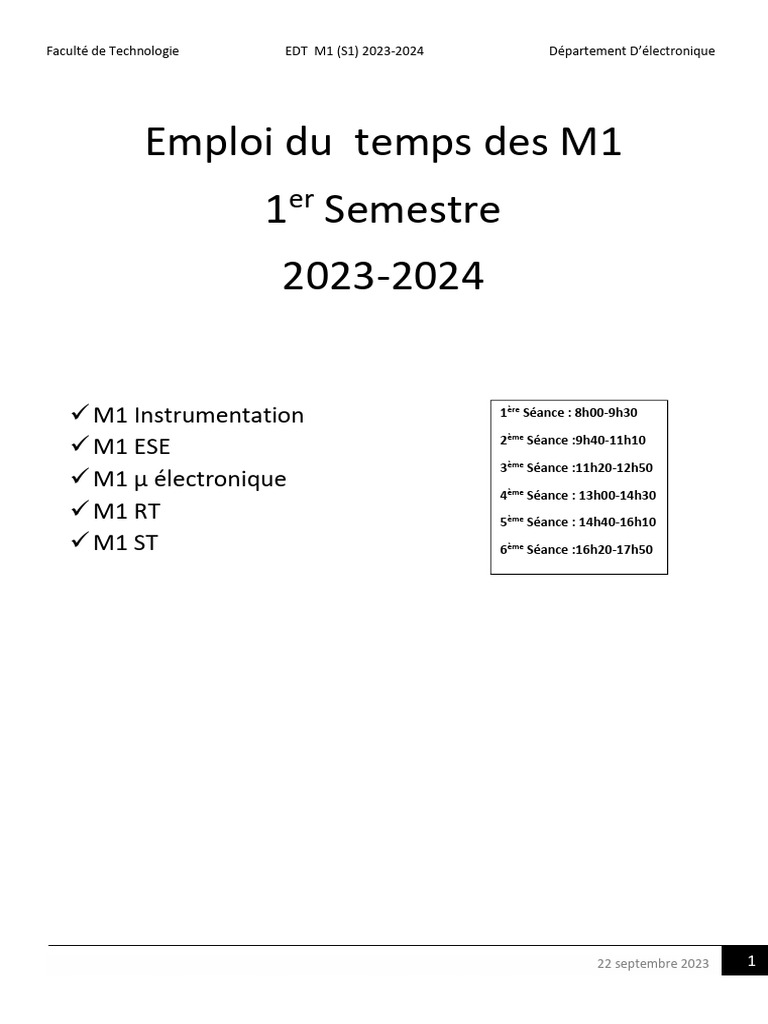 Emploi Du Temps Des M1 1 Semestre 2023-2024: M1 Instrumentation M1 Ese M1 Électronique M1 RT M1 ...