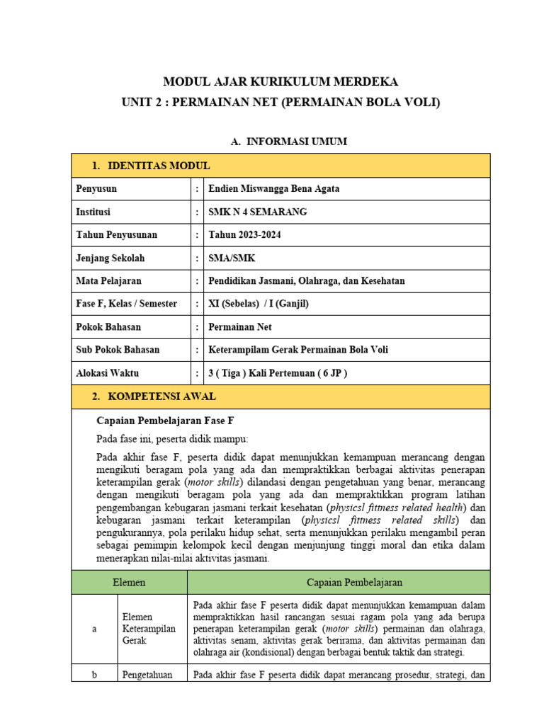 Modul Ajar Kurikulum Merdeka Bola Voli - Fase F Kls Xi | PDF | Karier & Perkembangan