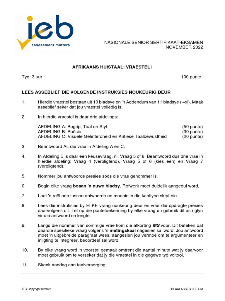 Afrikaans HL Ieb NSC Grade 12 Past Exam Papers 2022 p1 Question Paper | PDF