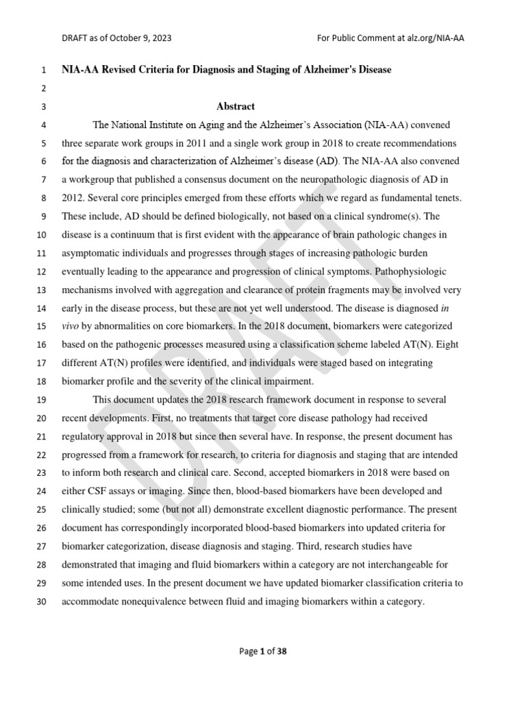 NIA AA Clinical Criteria For Staging and Diagnosis For Public Comment Draft 2 | PDF