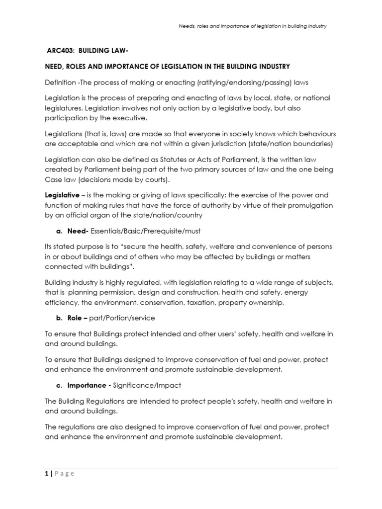 Need Roles and Importance of Legislation in Building Industry | PDF ...