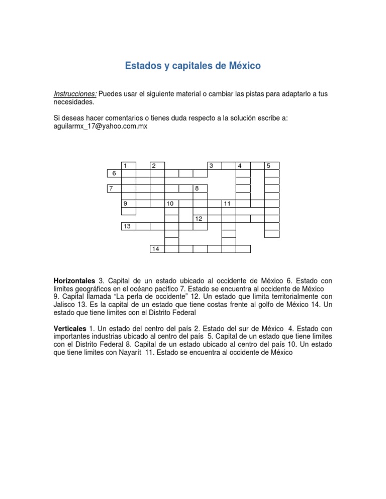 Estados Capitales Mexico Crucigrama