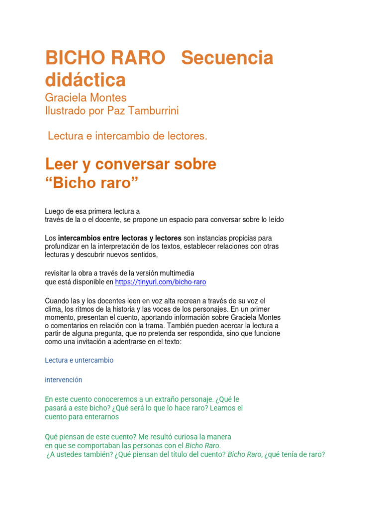 Actividades sobre "Bicho Raro" | PDF | Escritura | Cuentos