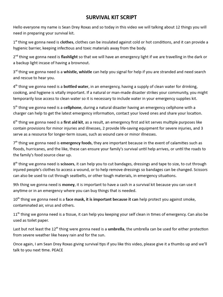 Survival Kit Script | PDF