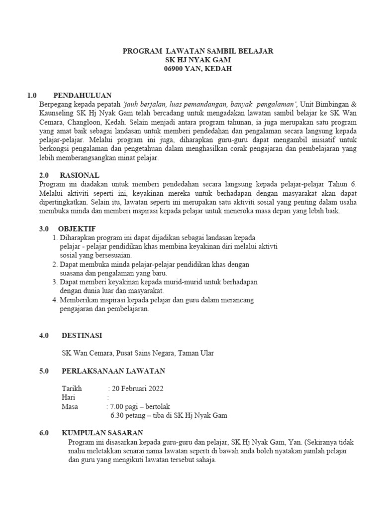 Contoh Kertas Kerja Lawatan | PDF