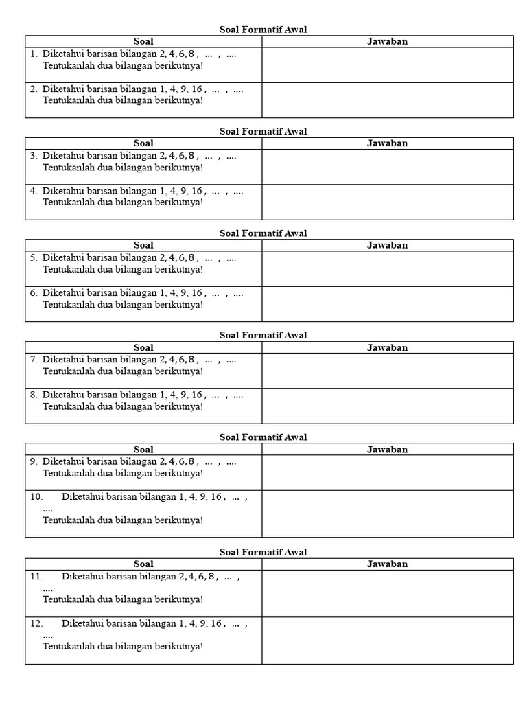 Soal Formatif Awal Dan Akhir Pola Bilangan Pert 3-1 | PDF