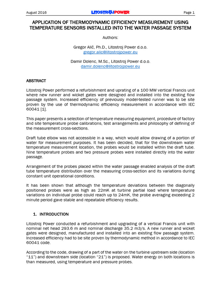 G. Alič, D. Dolenc, Thermodynamic Efficiency Meas. - Temp Sensors Installed in Water Passage | PDF