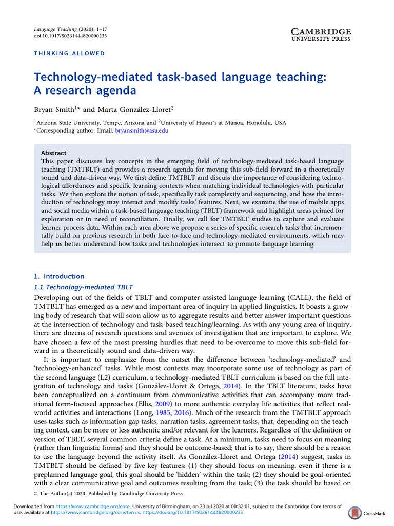 Technology-Mediated Task-Based Language Teaching: A Research Agenda | PDF | Art